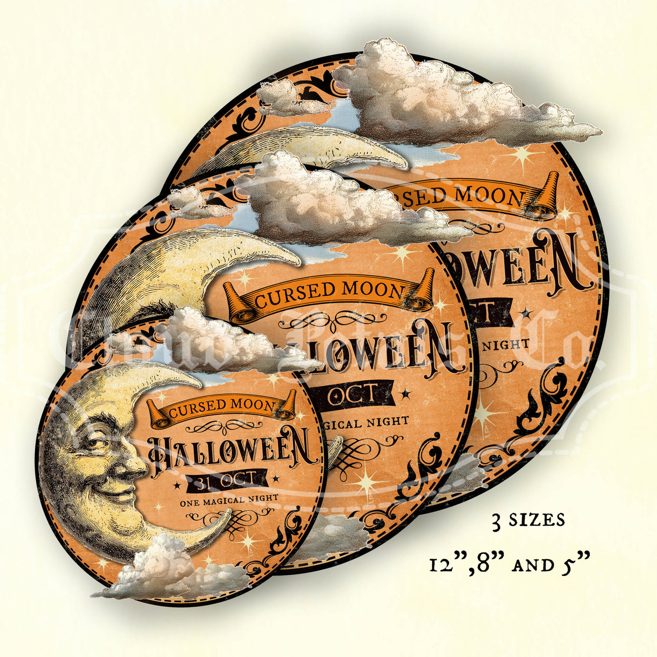 Cursed Moon Halloween Wall Art | Vintage Full Moon Face Printable Sign ...