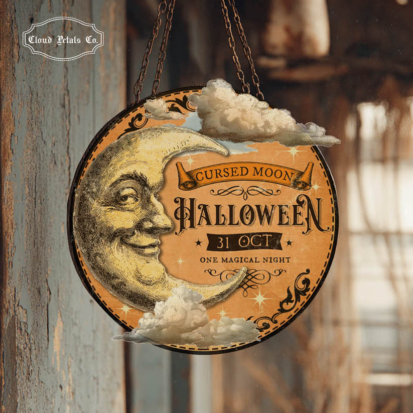 Cursed Moon Halloween Wall Art | Vintage Full Moon Face Printable Sign ...